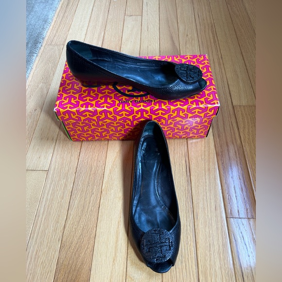 Tory Burch | Shoes | Tory Burch Black Leather Logo Peep Toe Wedge ...